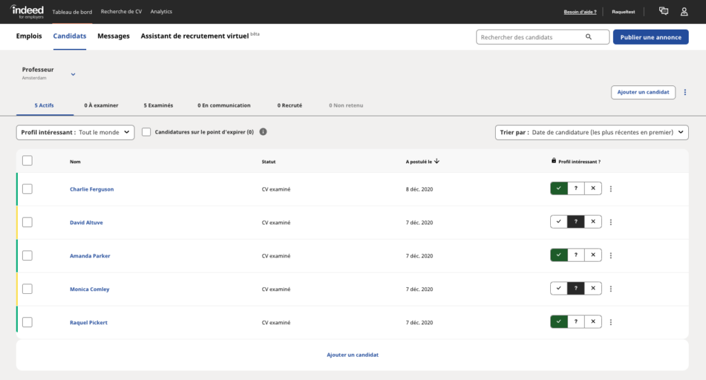 Gestion des candidats sur Indeed